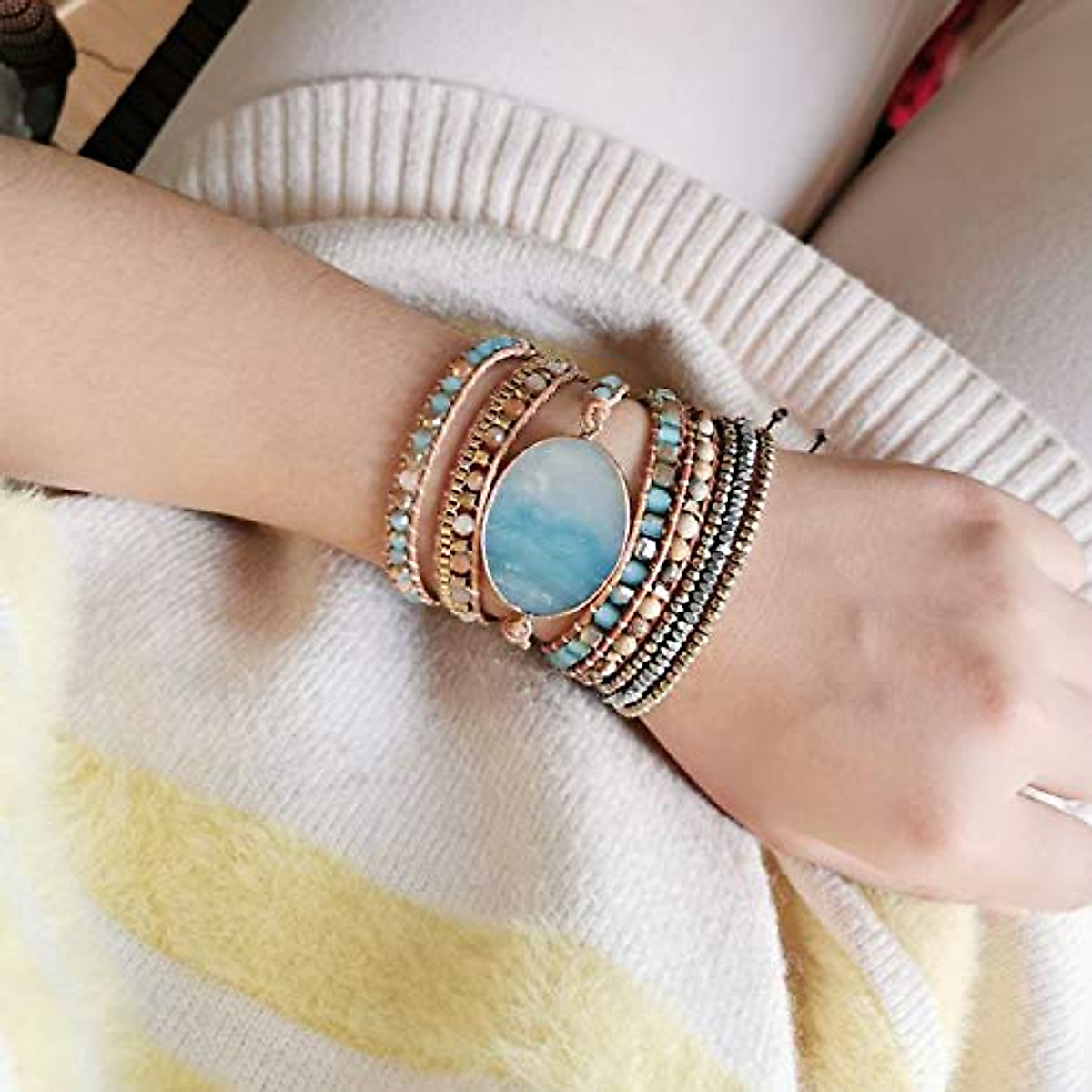 Plumiss Handmade Leather Wrap Natural Amazonite Druzy Bead Crystal Stone Bracelets for Women