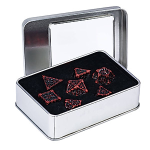 Cusdie Metal Dice with Metal Box, 7 PCs DND Metal Dice, Dagger Design Polyhedral Dice Set, for Role Playing Game D&D Dice MTG Pathfinder (Black with Red Font)