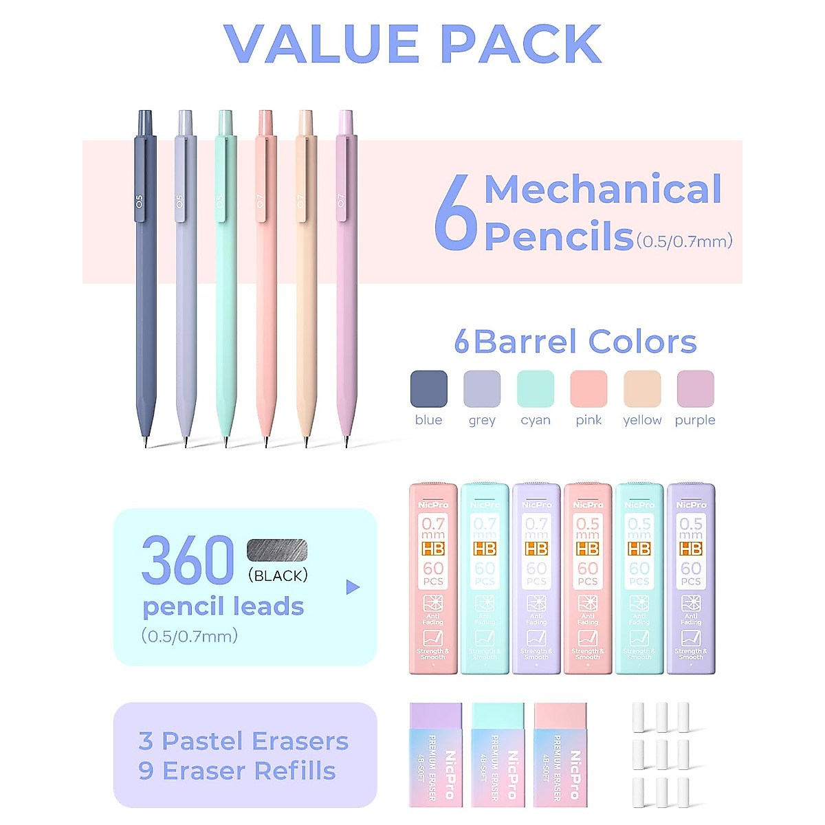 Nicpro 6PCS Pastel Mechanical Pencil Set, Cute Mechanical Pencils 0.5 & 0.7 mm with 6 Tubes HB Lead Refill, 3PCS Eraser and 9PCS Eraser Refill for Student Writing, Drawing, Sketching- with Cute Case