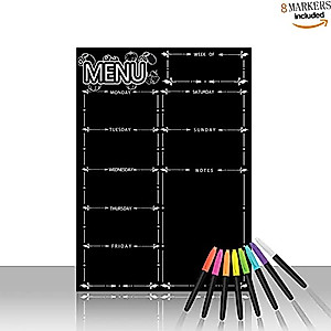 Magnetic Menu Board for Fridge, LiebHome Dry Erase Weekly Menu Planner/Family Calendar 16" x 12" with Grocery List and Notes (Black with 8 Markers)