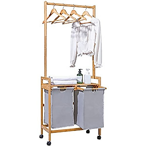 Homde Laundry Basket,Bamboo Laundry Sorter Cart Rolling with Clothes Hanging Rod, 2 Section Laundry Hamper with Wheels, Removable Sliding Bags, Utility Laundry Storage Organizer for Bathroom