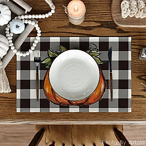 Artoid Mode Buffalo Plaid Pumpkin Fall Placemats Set of 4, 12x18 Inch Seasonal Autumn Table Mats for Party Kitchen Dining Decoration