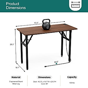 Frylr Small Foldable Desk 43.3''X 19.6''X 29.5'',Foldable Table with 2 Power Sockets and 2.1A USB Charging Ports, Folding Computer Desk for Home Office, No Install Needed, Walnut + Black Leg