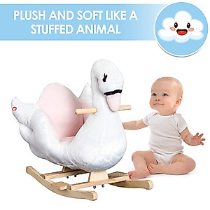 Qaba Kids Ride On Rocking Horse Plush Swan Style Toy with Music for Over 18 Months Children, White and Pink