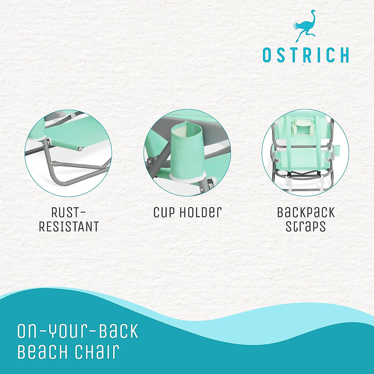 Ostrich On Your Back Backpack Beach Chair with Face Hole - Adjustable, Portable Lounge Chair with Cup Holder, Face Opening - Heavy Duty, Lay Flat Tanning Chair for Face Down Reading For Adults (Teal)