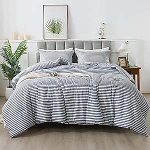Andency Striped Comforters Queen Size Set Gray, 3 Pieces Grey Bedding Comforter Sets for Queen Bed, Soft Lightweight Fluffy Down Alternative Bed Set for Boys Men All Season
