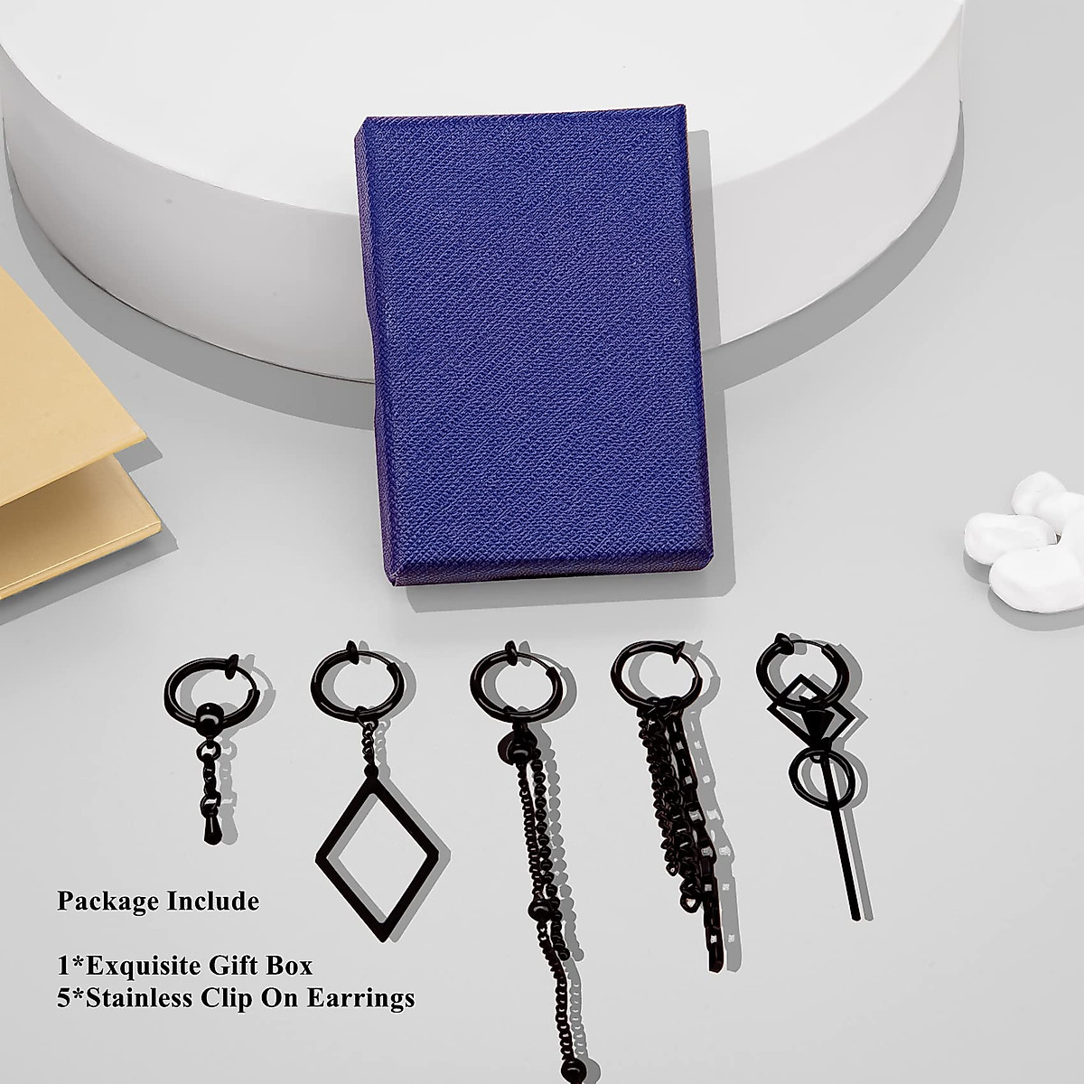 EFORPAD 5Pcs Clip On Earrings Non Piercing Fake Earrings Hoop Dangle Earrings for Men Women Stainless Steel Dangle Hoop Earrings Long Chain Pendant Earrings (Black)