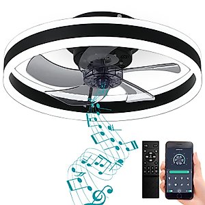 DewShrimp Flush Mount Ceiling Fan with Lights - Bladeless, Bluetooth Speaker, App & Remote Control, Quiet, Low Profile, LED, Stepless Dimming, 3 Colors, 6 Speeds, Reversible, 19.7in