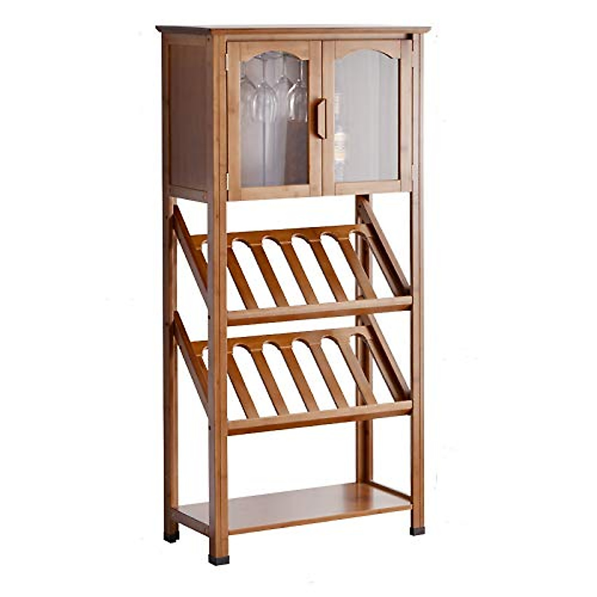 WITANHURST Mini Home Bar Cabinet with Wine Glass Storage, Bamboo Wine Cabinet Bar Furniture Wine Storage Racks Shelf Bottles Holder Organizer, Wine Glass Rack Holds 6 Stemmed Wine Glasses