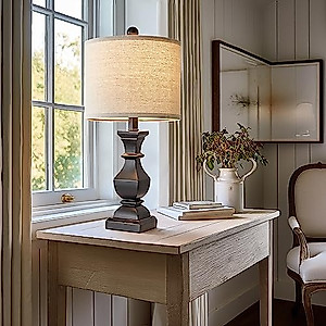 PoKat 20.5" Mid Century Table Lamp Sets of 2 for Living Room Retro Style Farmhouse Table Lamp for Bedroom Classic Beige Resin Bedside Night Light Lamps