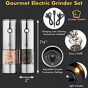 Kitchen Geeks Electric Grinder Set - USB Rechargeable Salt and Pepper Mill with Light, Easy to Refill, No Batteries Required, One Handed Automatic Grinding, Stainless Steel, and Adjustable Coarseness