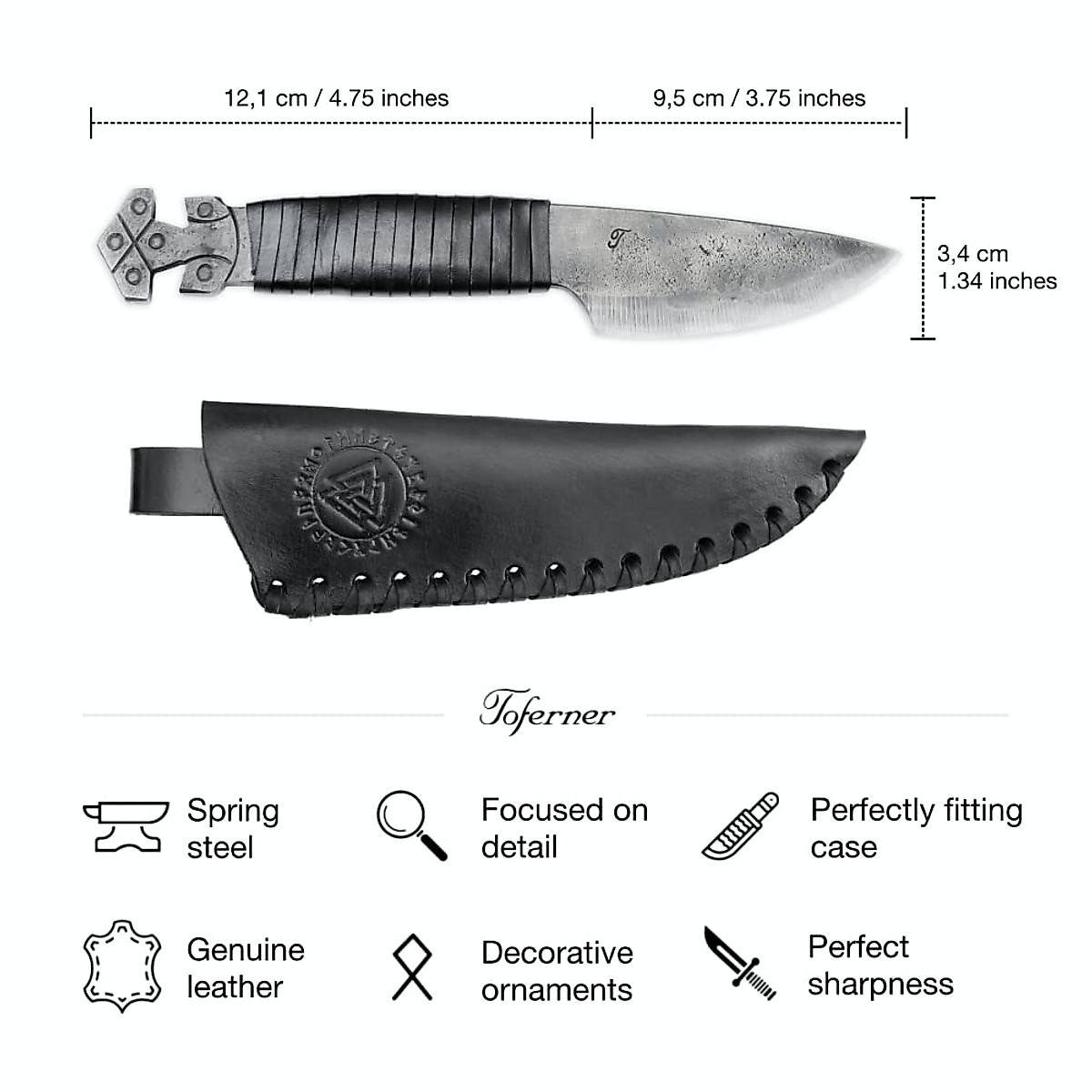 Toferner Viking Knife Thor 2, Norse Hand Forged Knife with Genuine Leather Case, Hardened Blade, Nordic Knife, Original Gift Idea for Men