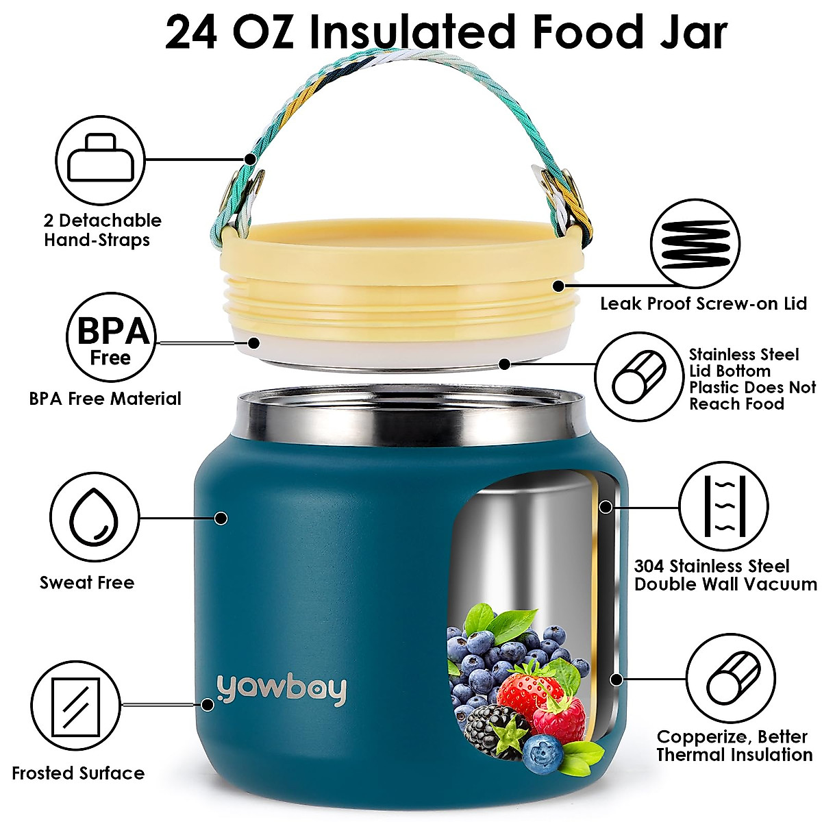Insulated Food Jar,24 OZ Leakproof Soup Thermos for Adults with 2 Detachable Handle,Stainless Steel Wide Mouth Vacuum Thermal Insulated Food Container for Hot & Cold Food with Portable Lid(Dark Green)
