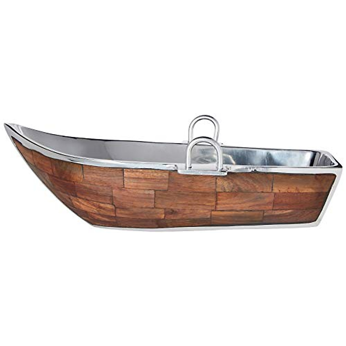 Godinger Wood Lined Boat Bowl with Salad Server, Silver