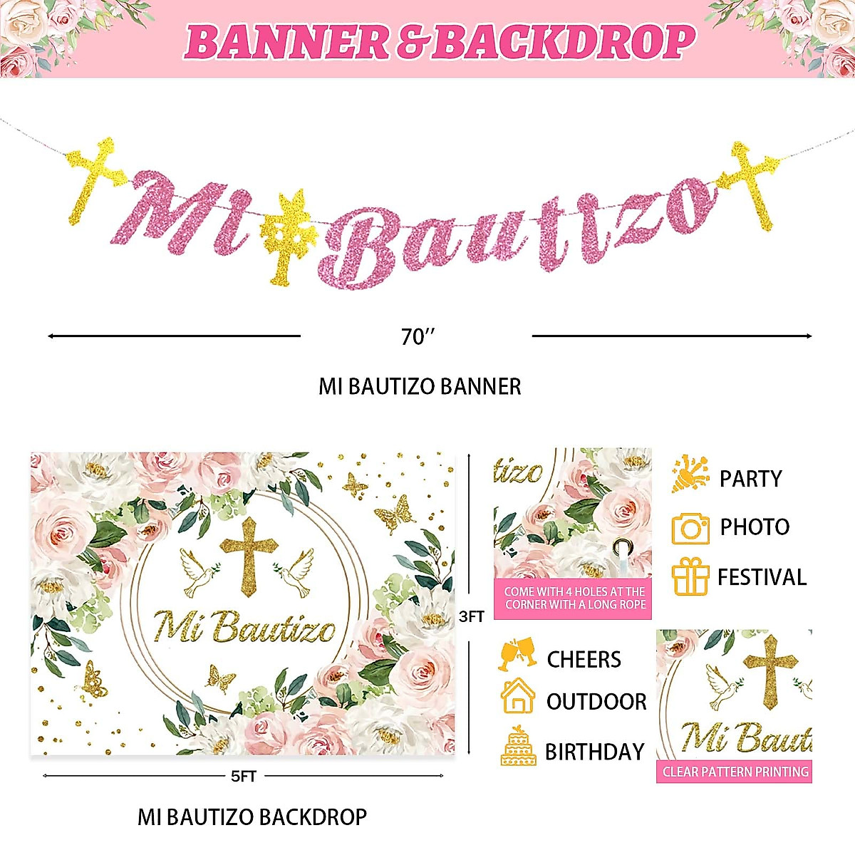 Fiesec Mi Bautizo Decorations for Girls, Baptism First Communion Christening God Bless Party Decorations Backdrop Balloon Garland Arch Glitter Banner Cake Cupcake Topper Gold Pink 103 PCs