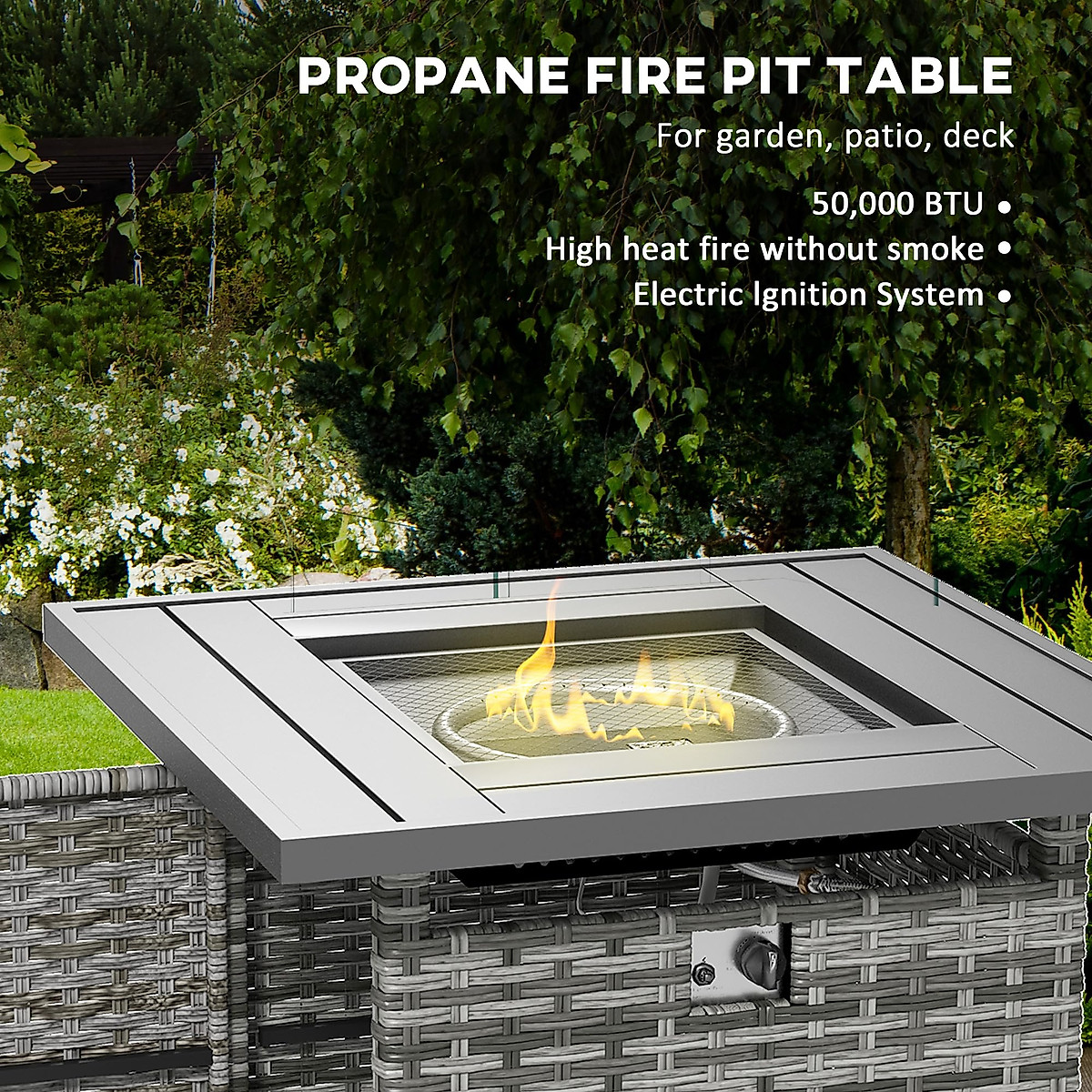 Outsunny 5 Piece Patio Furniture Set with Cushions, Outdoor PE Rattan Wicker Conversation Sofa Set with 30" Fire Pit Coffee Table, Dark Gray