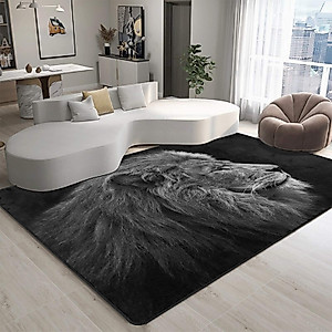 9CH Art Lion Area Rug Head Black Area Rugs Mat for Living Room Bedroom Non Slip Black Floor Rugs Carpet Home Indoor Decoration 7' X 5'