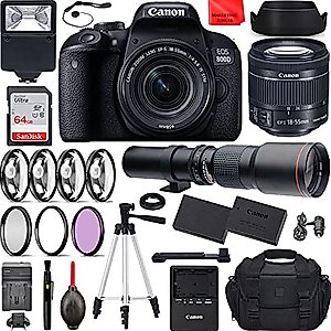 800D DSLR Camera with EF-S 18-55mm f/4-5.6 is STM (Rebel T7i), 500mm f/8.0 Preset Manual Focus Lens, Travel Bundle with Accessories (Extra Battery, Digital Flash, 64Gb Memory and More)