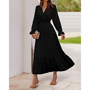BTFBM Women Fall Dresses 2025 Long Sleeve V Neck Swiss Dots Maxi Dress Boho Long Dress High Waisted A-Line Ruffle Dress(Solid Black,Large)
