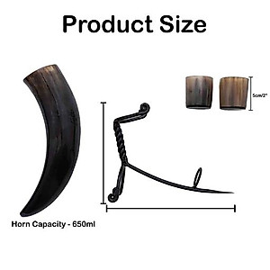 Mythrojan Drinking Horn Authentic Medieval Inspired Viking Wine/Mead Mug 650ml Bundle with Hand Forged Drinking Ale Horn Rack Twisted & Viking Norse Medieval Horn Shot Glass Pair