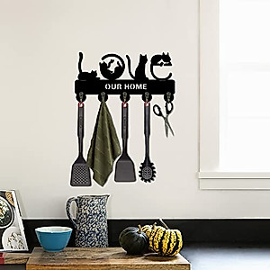 KingLive Cat Key Hooks for Wall, Handmade Key Hooks for Wall, Black Wooden Cat Key Holder with 5 Metal Key Rack Organizer for Wall Decorative, Gifts for Cat Lovers