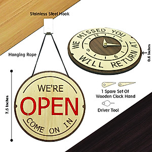 LOKAUS Happy Smiley Face Design for Open and Closed Signage, Wooden "Come On In" and Changeable Hours for "Will Return At" Signage, 7 inches Round Double Sided Hours of Operation Signage.… (7 inches)