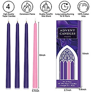 Perkisboby 4Pack Christmas Advent Taper Candle, 8 Hour Burn, Unscented, 10 Inch Dripless Taper Candles for Christmas, Party, Church, Celebration, Home Décor - 3 Purple & 1 Pink