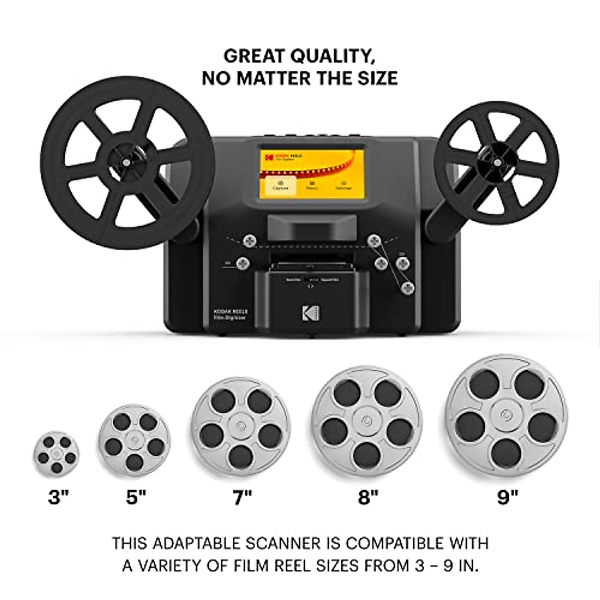 KODAK REELS 8mm & Super 8 Films Digitizer Converter with Big 5” Screen, Scanner Converts Film Frame by Frame to Digital MP4 Files for Viewing, Sharing & Saving on SD Card for 3” 4” 5” 7” and 9” Reels