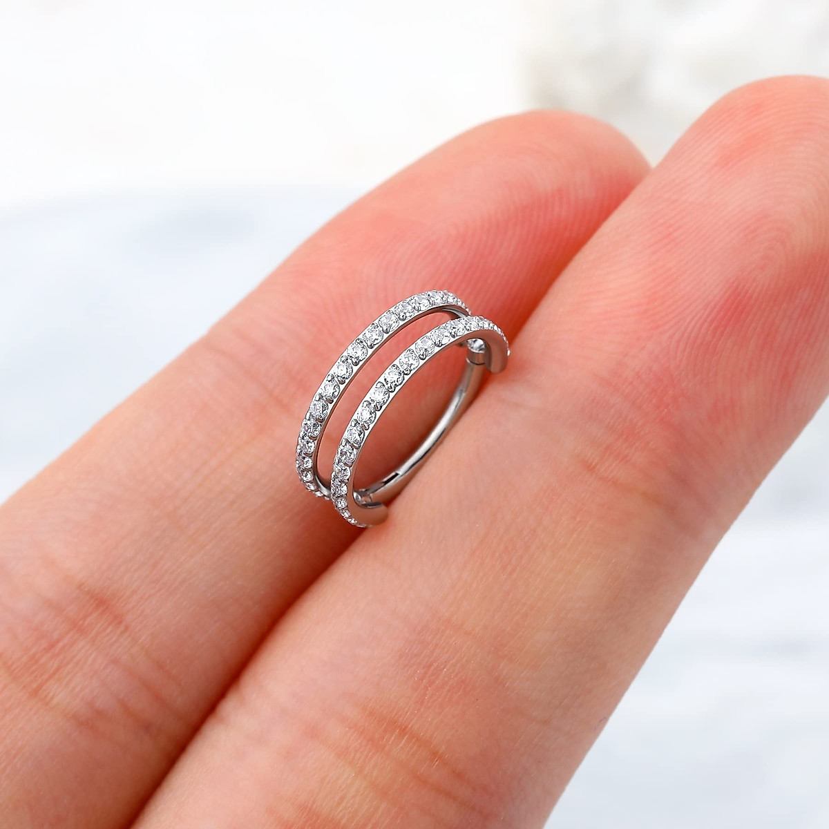 CM Crareesi Mania Helix Piercing Hoop 16G Stainless Steel Cartilage Earrings Double Lined Clear CZ Hinged Segment Clicker Ring 8mm Silver Daith Conch Tragus Piercing Jewelry Septum Nose Hoop