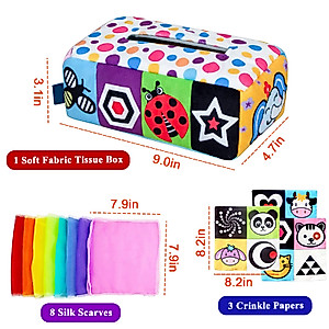 Adpartner Baby Tissue Box Toy, Montessori Sensory Baby Toys for Babies 6 to 12 Months, Soft Educational Tissue Toy Box with Fabric Crinkle Cards Scarves for 1 Year Old Boys Girls Early Learning Gifts