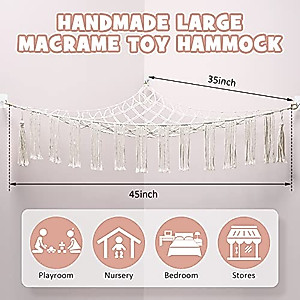 2 Pack Stuffed Animal Toy Hammock Net Macrame Boho Toy Hammock Hanging Stuff Animals Storage Organizer Large Stuffed Toys Corner Mesh Hammock with Hooks and Screw for Nursery Play Bedroom Kid Room