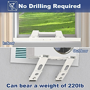 Window Air Conditioner Support Bracket, Universal Ac Window Bracket No Drilling and Tools Required, Heavy Duty Steel Holds Up to 220lbs, Fits Single Or Double Hung Windows, with Installation Manual