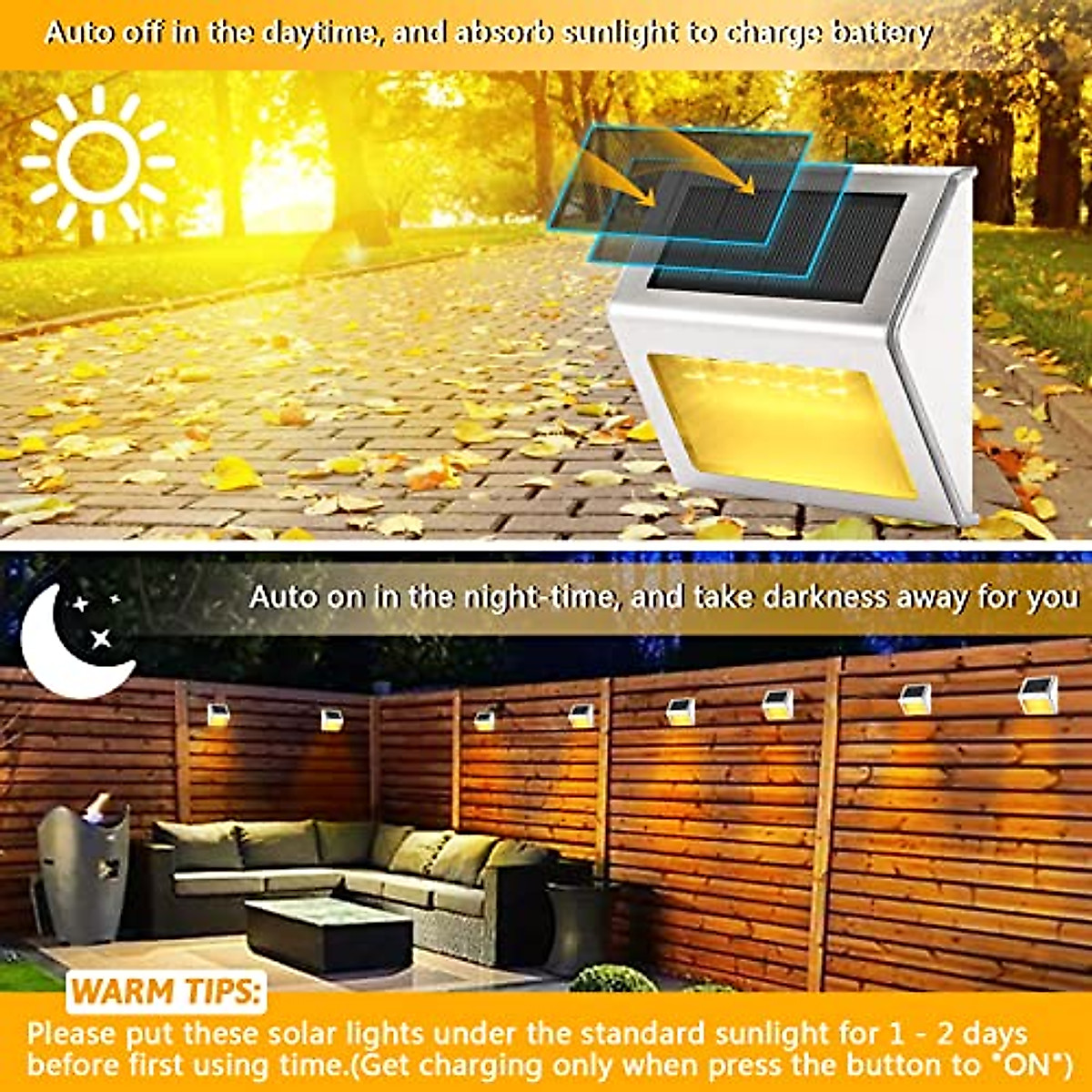 2 Pack Solar Deck Lights Outdoor Stair Lights, Warm White 6 LED Solar Step Lights Waterproof Stainless Steel Fence Lights Solar Powered Outdoor Lights for Yard, Patio, Porch, Wall, Garden Decor