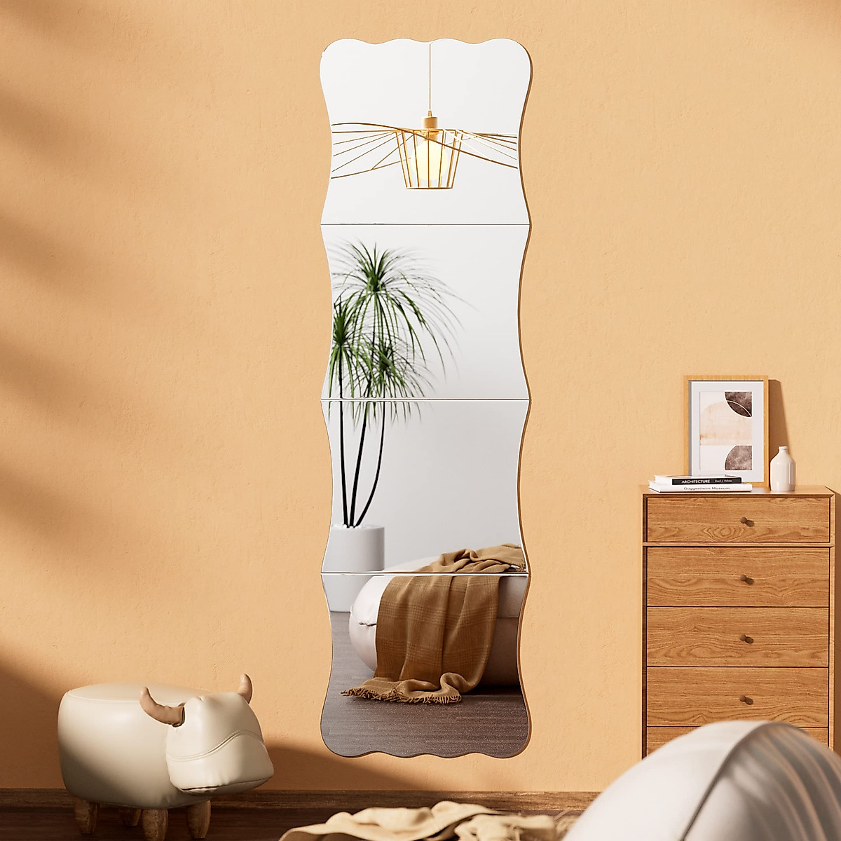 Doeean Wavy Full Length Shatterproof Acrylic Wall Mirror Tiles 47" x 14"(4 Pcs 12"x14"), Non-Glass Safety Body Mirror for Baby Kids Playroom, Frameless Dorm Door Gym