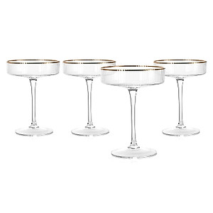 Ribbed Coupe Glasses With Gold Rim, For Martini, Champagne, Cocktails | Set of 4 | 8 oz Classic Manhattan Glasses Speakeasy Cocktail, Ripple Coupes Glasses, Art Deco Gatsby Vintage, Crystal Stemmed