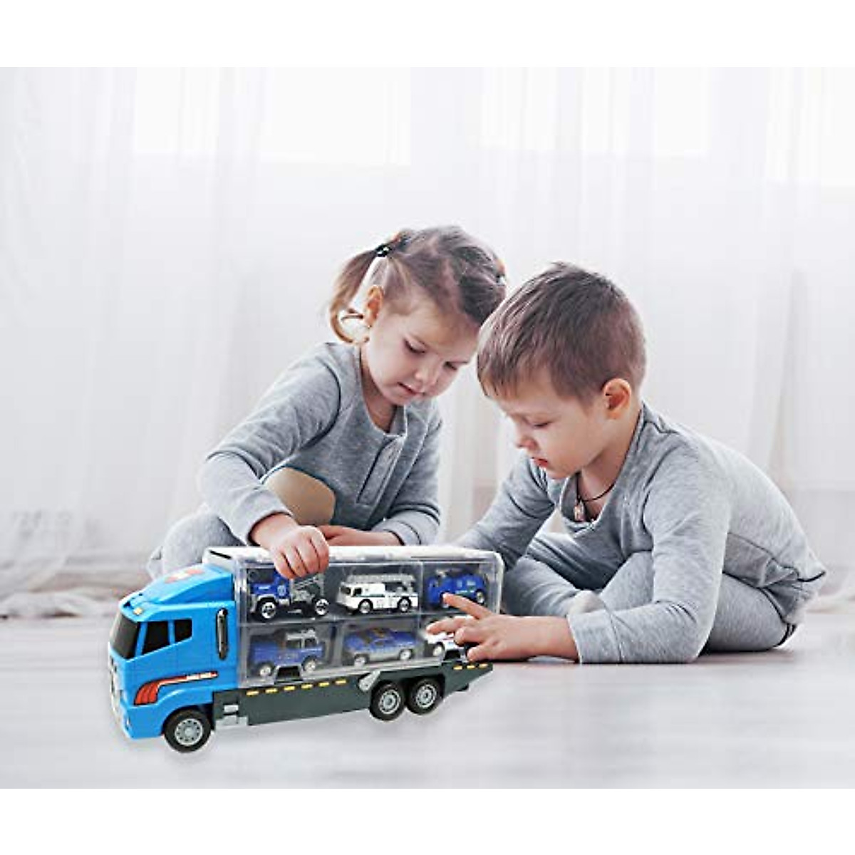 Smart Novelty Die Cast Emergency Trucks Vehicles Toy Cars Play Set in Carrier Truck - 7 in 1 Transport Truck Emergency Car Set for Kids Gifts (Police Vehicle Set)