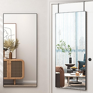 LVSOMT Full Length Door Mirror 47" x 22", Over The Door Hanging Mirror, Full Body Mirror, Wall Mirror Horizontal/Vertical, Full Size Dressing Mirror for Bedroom Bathroom Living Room (Black)