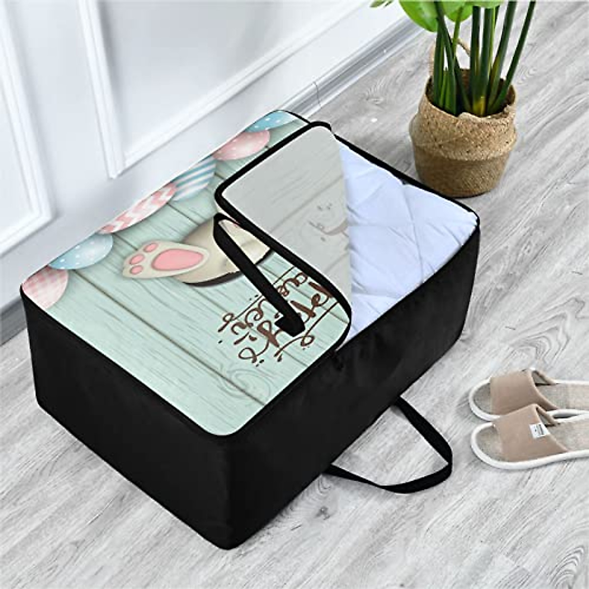 DOMIKING Under Bed Clothes Storage Bag - Bunny Happy Easter Eggs Blanket Storage Large Storage Containers with Zipper Pillow Storage 27.6x19.7x11inch