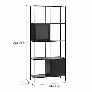 Aienid Metal Black Bookcase 70.7 H X 13.7 W X 31.2 D Black Metal 2-Door Bookcase with 2 Metal Mesh Doors and Versatile Storage Bookcase