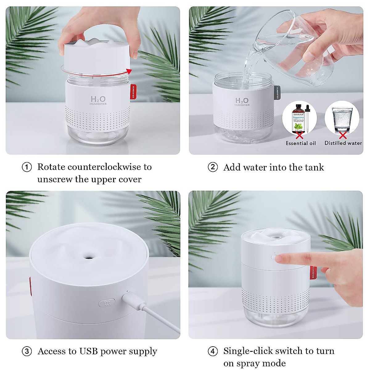 FoPcc 500ml Portable Humidifier, Mini Cool Mist Humidifier with Night Light, USB Personal Humidifier Auto Shut-Off, Ultra-Quiet, 2 Spray Modes, Suitable for Home Baby Bedroom Office Travel (White)
