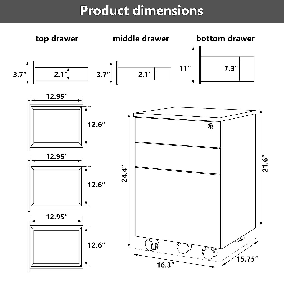 TOPSKY 3 Drawers Wood Mobile File Cabinet Fully Assembled Except Castors (Oak, 16.3x15.7x24.4)