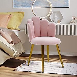 BOWTHY Vanity Chair for Makeup Room - Midcentury Modern Accent Velvet Chair with Back Support, Gold Legs for Living Room Bedroom (Pink)
