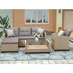 Merax 4 Piece Outdoor Patio Furniture Sets Conversation Set Wicker Ratten Sectional Sofa with Seat Cushions