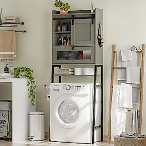 Over The Toilet Storage Cabinet, Storage Cabinet Over Toilet with Sliding Door & Toilet Paper Holder Stand, Freestanding Toilet Shelf Washer Shelf Space Saver Wood Cabinet with Metal Stand, Grey