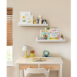 Mazjoaru White Floating Shelves 24 inch for Wall Set of 2, Long Floating Shelves Wall Book Shelf with Lip, Wall Mount Shelf with Wood Beads for Bedroom Bathroom Nursery Living Room