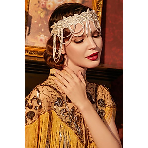 BABEYOND 1920s Flapper Headpiece Roaring 20s Headband Great Gatsby Headband Chain for Women Vintage Hair Accessory (White)