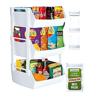 Skywin 3-Tier Plastic Stackable Storage Bins 11.4" x 11" x 19.7" with Brackets for Extra Protection - For Pantry Storage, Kitchen Storage, and Bathroom Storage (White)
