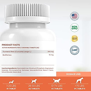 Turmeric for Dogs - Anti Inflammatory for Dogs - 300 Chewable Tablets - Curcumin and BioPerine, Antioxidant, Promotes Pet Mobility, Cardiovascular Health and Liver Health