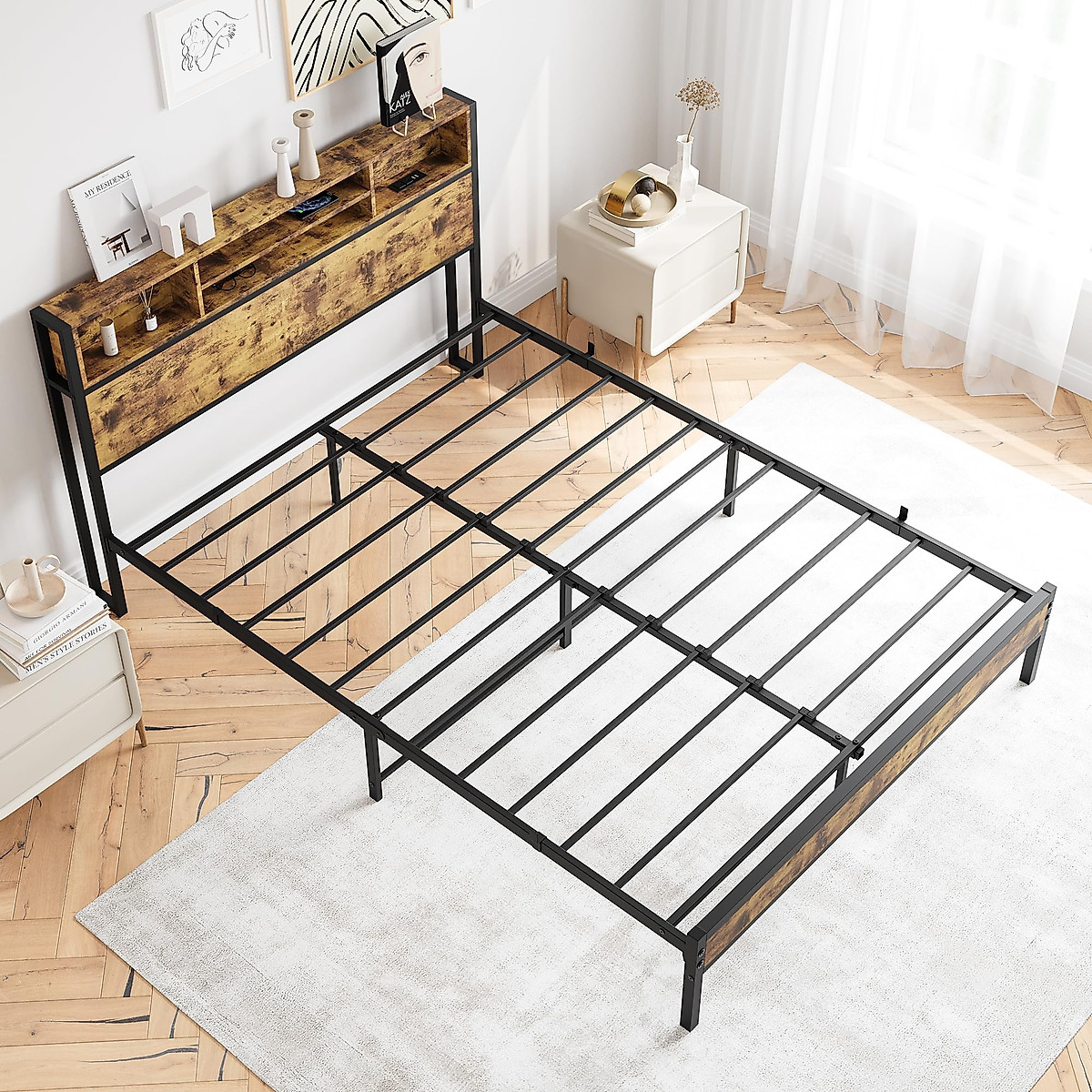 MegaChunk Queen Bed Frame with Storage Headboard, Metal Platform Bed with Charging Station, Bookcase Storage, No Box Spring Needed, Easy Assembly, Noise-Free, Black