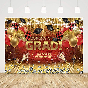 AIBIIN 7x5ft Congrats Grad Backdrop Red Gold Glitter Diamond Graduation Photography Background Class of 2023 Celebration Prom Party Decorations Congratulations on Graduation Banner Photoshoot Props